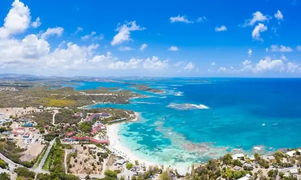 Aerial panoramic by drone of coral reef along Long Bay
