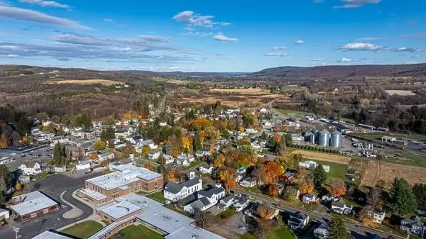 Aerial photo of fall foliage surrounding the Village of