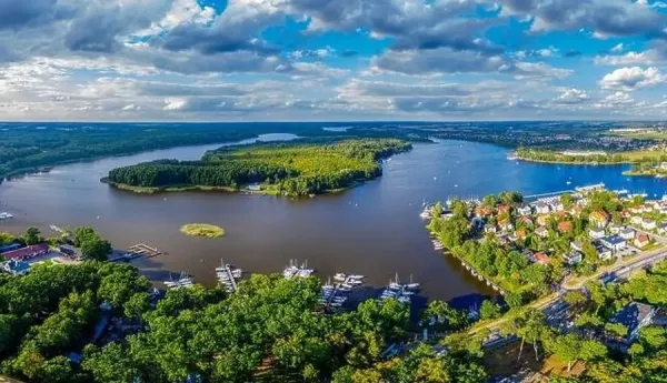 Aerial view of the Jeziorak lake and the city of Iława