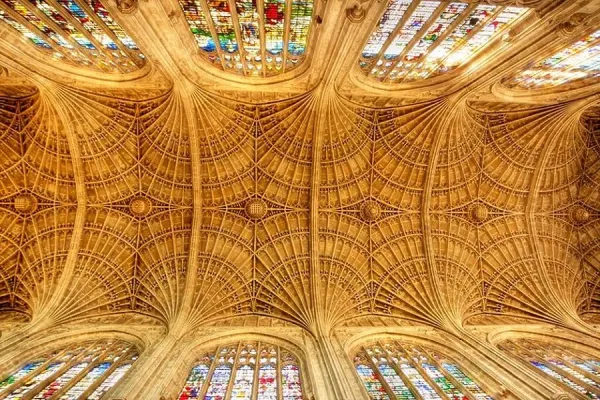 View from below of the fan vaulted ceiling at Kings college